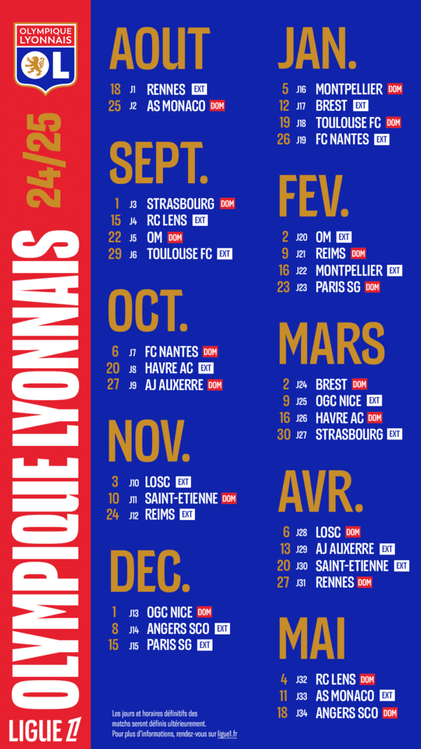 Calendrier Olympique Lyonnais Ligue 1 saison 2024-2025